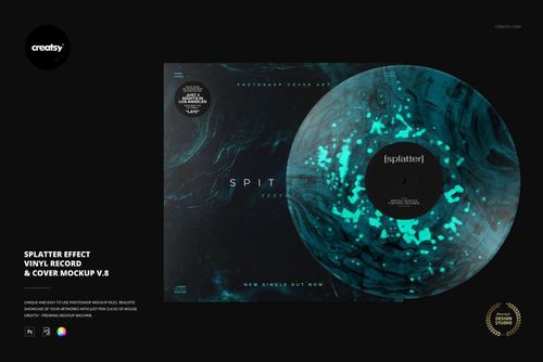 Splatter Effect Vinyl Record & Cover v.8 Mockup | Creatsy®