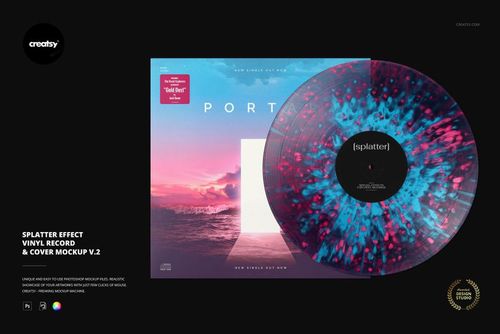 Splatter Effect Vinyl Record & Cover v.2 Mockup | Creatsy®