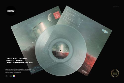 Translucent Colored Vinyl Record and Two Album Covers Mockup | Creatsy®