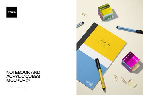 Notebook and Acrylic Cubes Mockup | Creatsy®