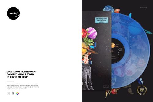 Closeup of Translucent Colored Vinyl Record in Cover Mockup | Creatsy®
