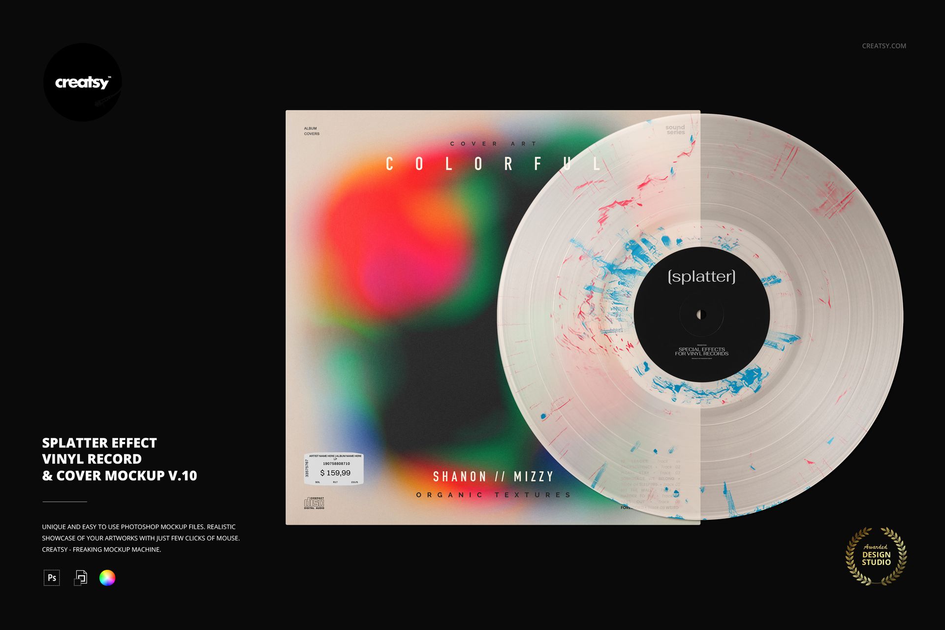 Splatter Effect Vinyl Record & Cover v.10 Mockup | Creatsy®
