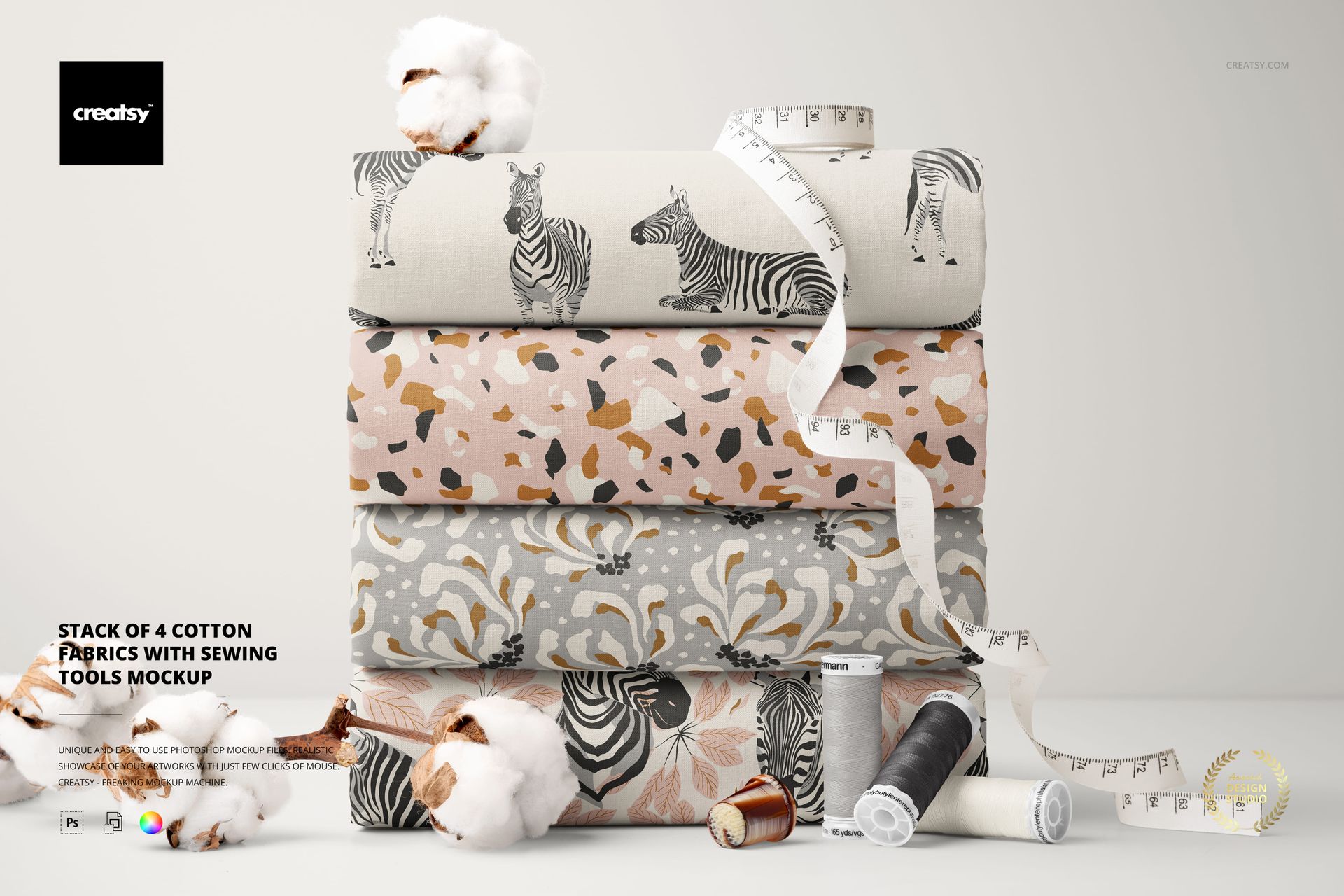 Stack of 4 Cotton Fabrics with Sewing Tools Mockup | Creatsy®