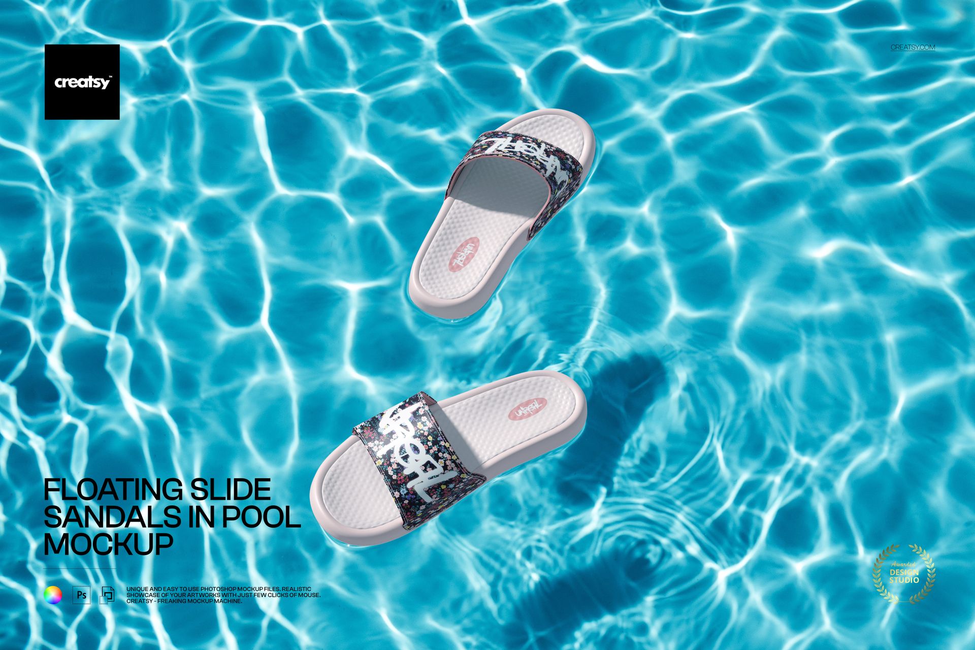 Free Floating Slide Sandals in Pool Footwear Branding PSD Mockup | Creatsy®