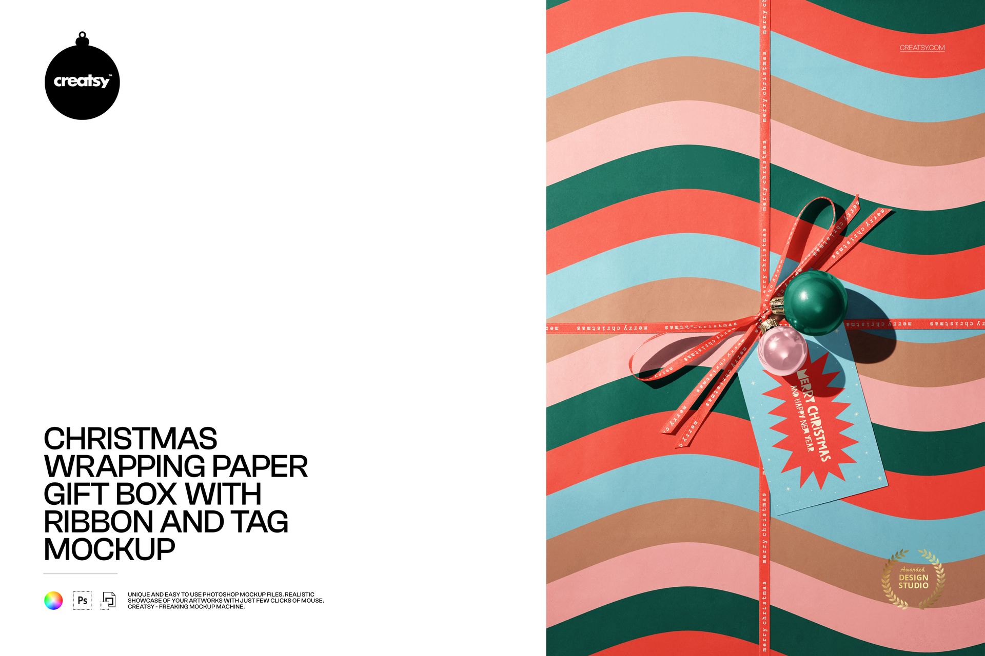 Christmas Wrapping Paper Gift Box with Ribbon and Tag Mockup | Creatsy®