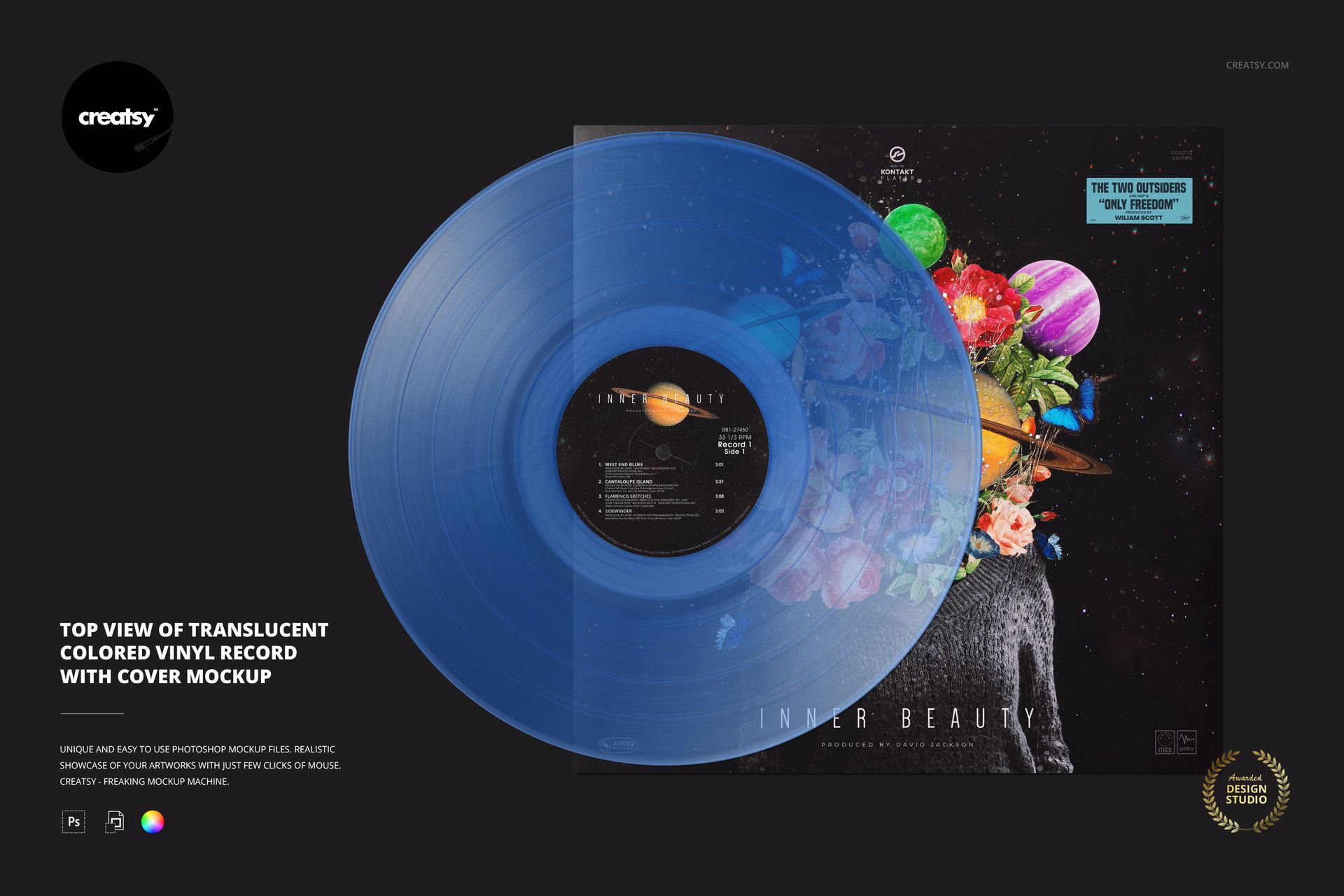 Top View of Translucent Colored Vinyl Record with Cover Mockup | Creatsy®