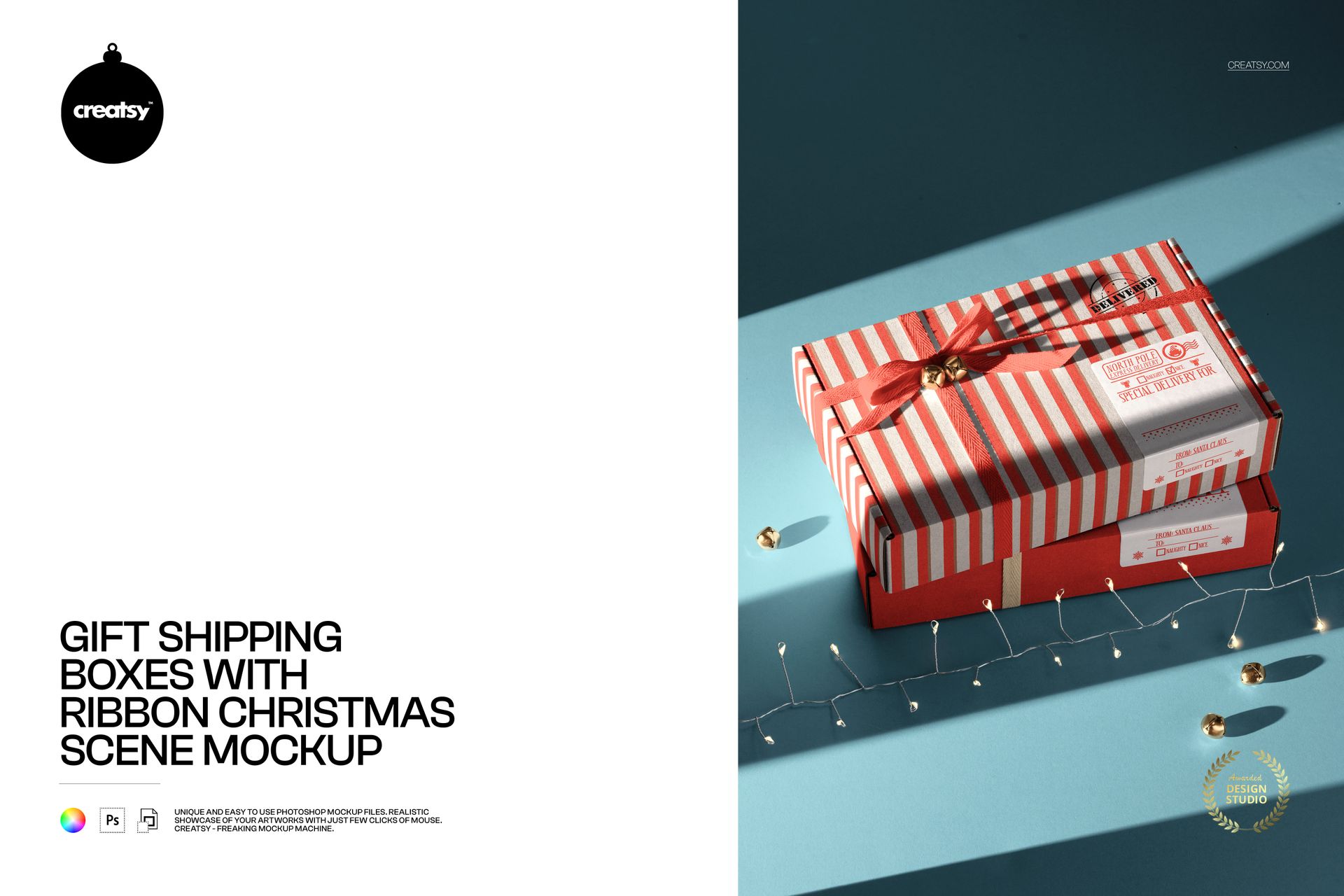 Gift Shipping Boxes with Ribbon Christmas Scene Mockup | Creatsy®