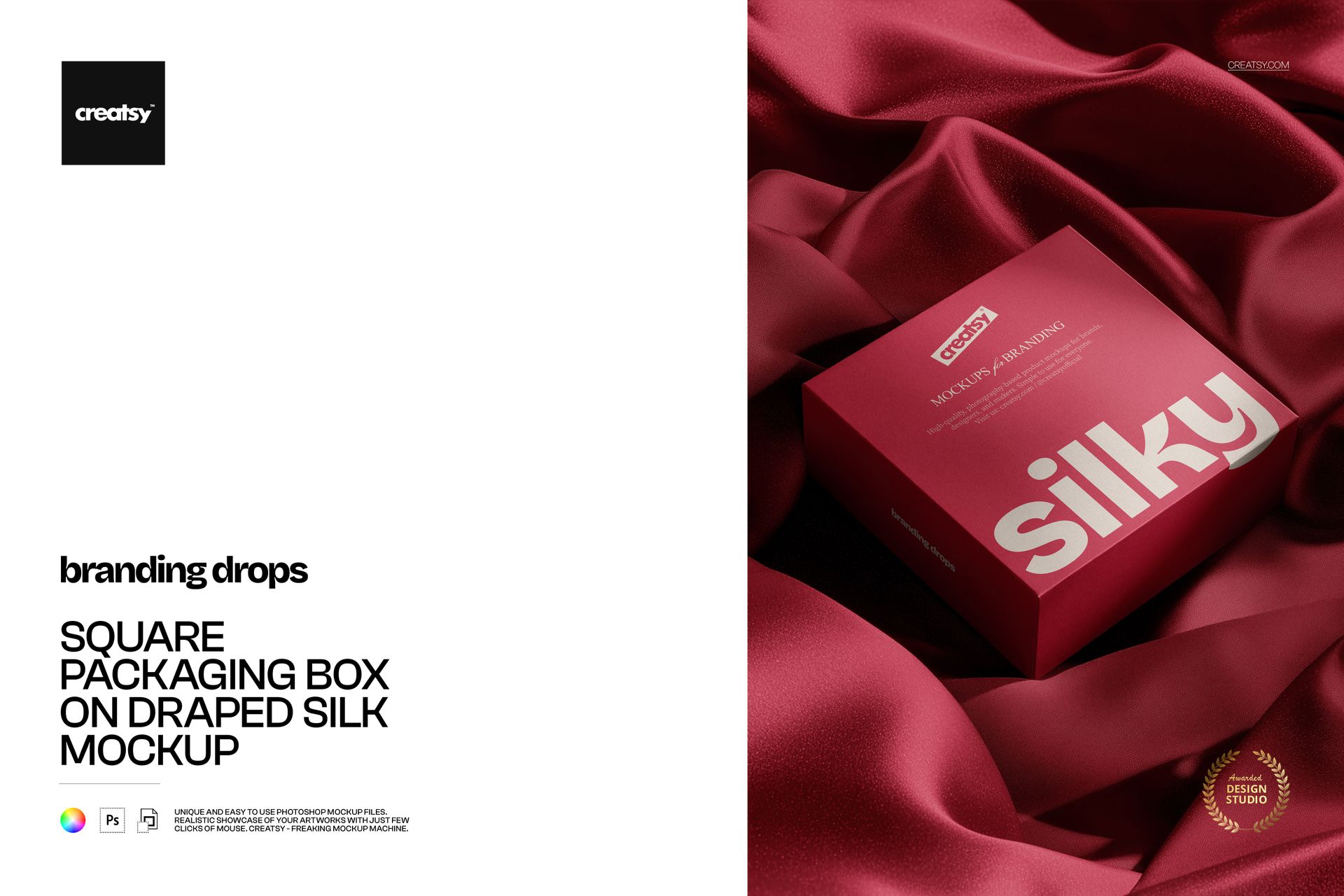Square Packaging Box on Draped Silk Mockup | Creatsy®