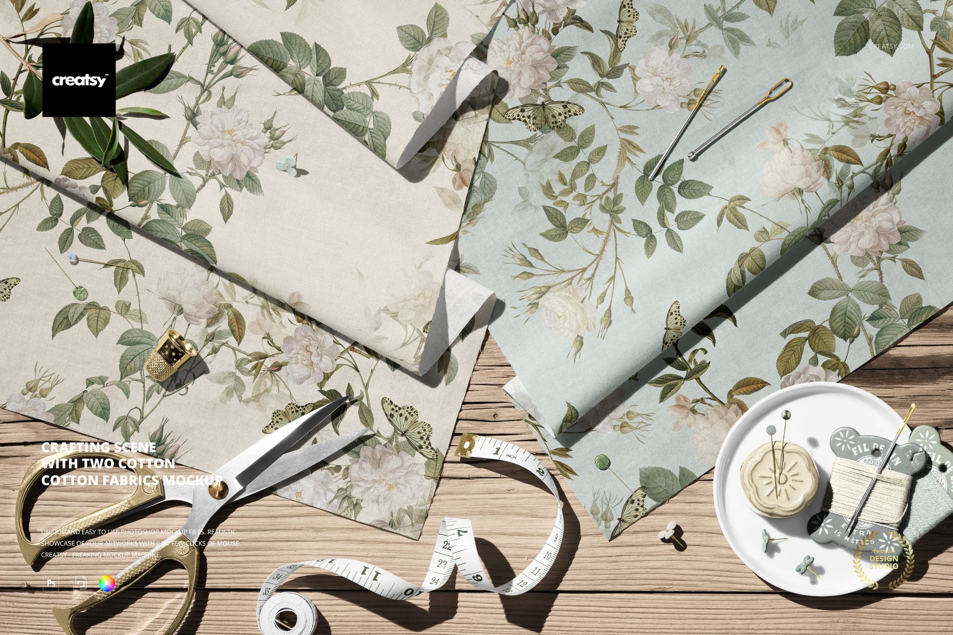 Crafting Scene with Two Cotton Fabrics Mockup | Creatsy®