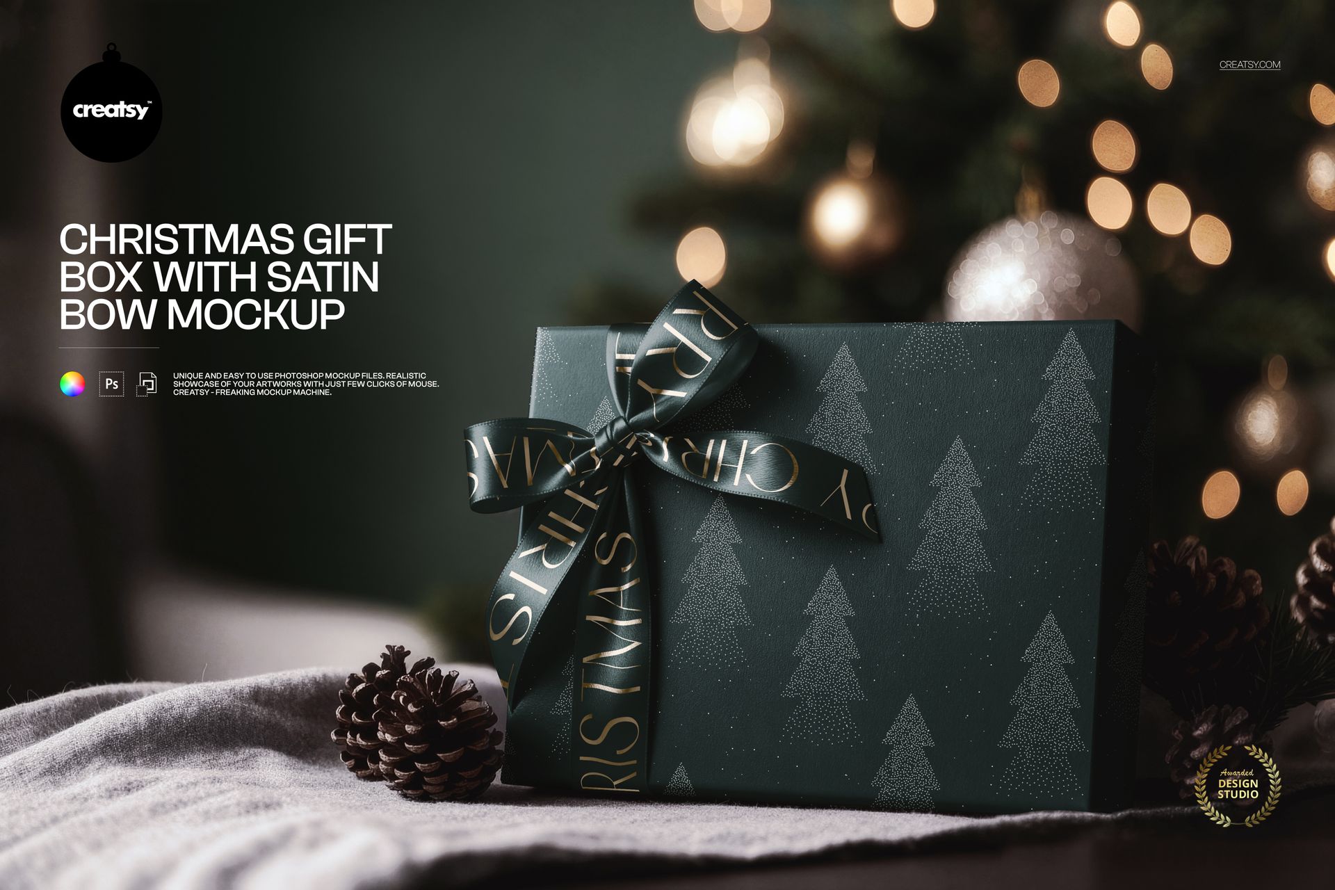 Christmas Gift Box with Satin Bow Mockup | Creatsy®