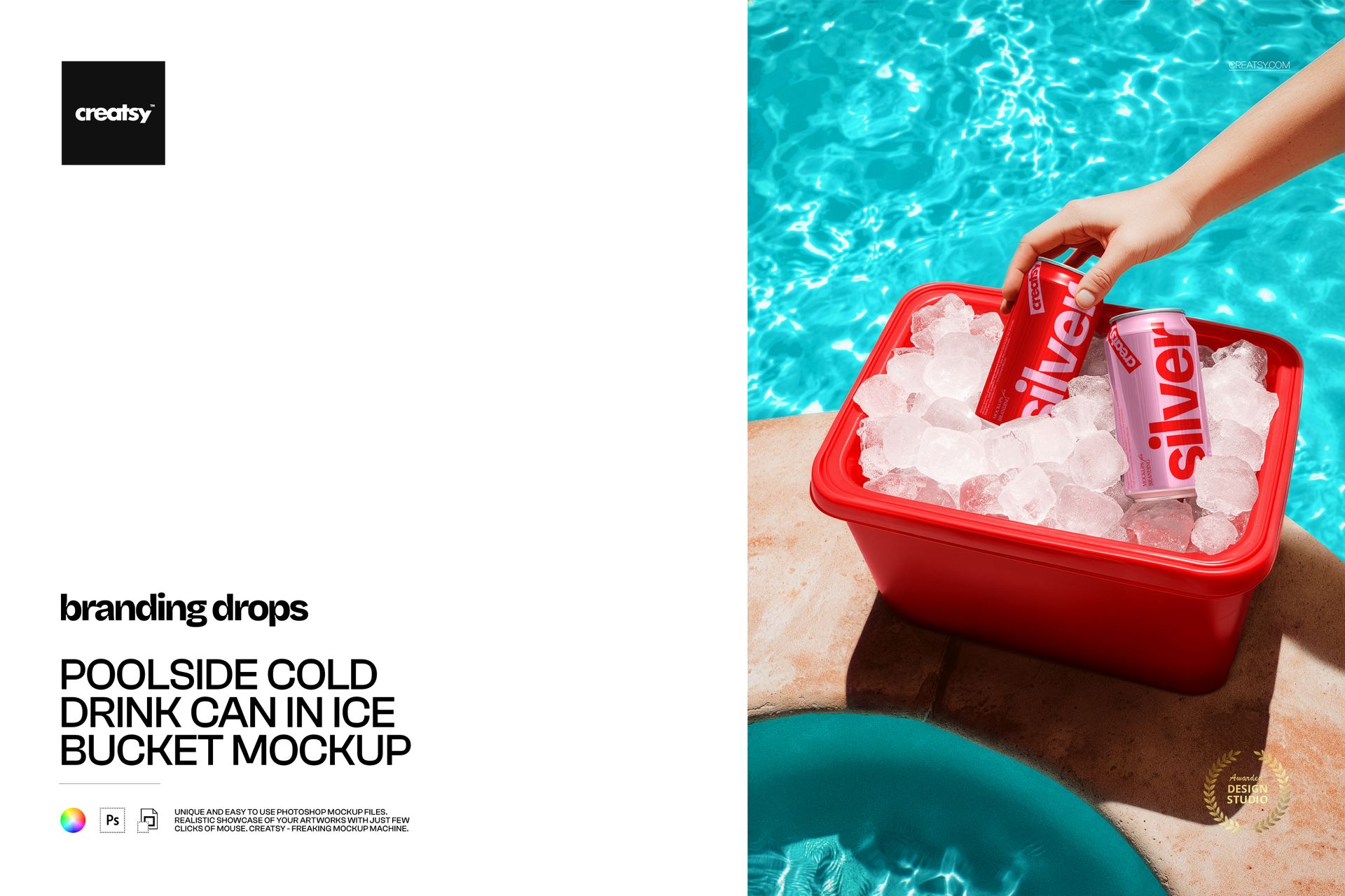 Poolside Cold Drink Can in Ice Bucket Mockup | Creatsy®