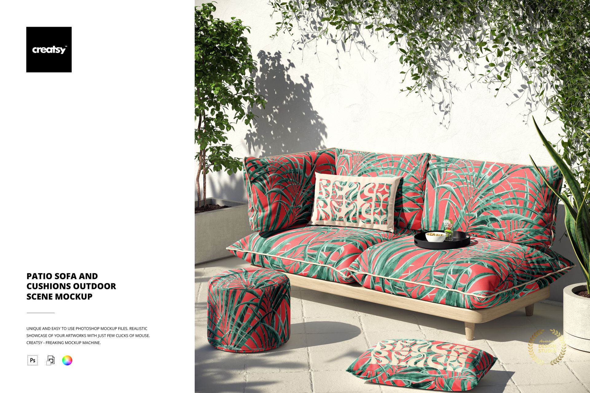 Patio Sofa and Cushions Outdoor Scene Mockup | Creatsy®