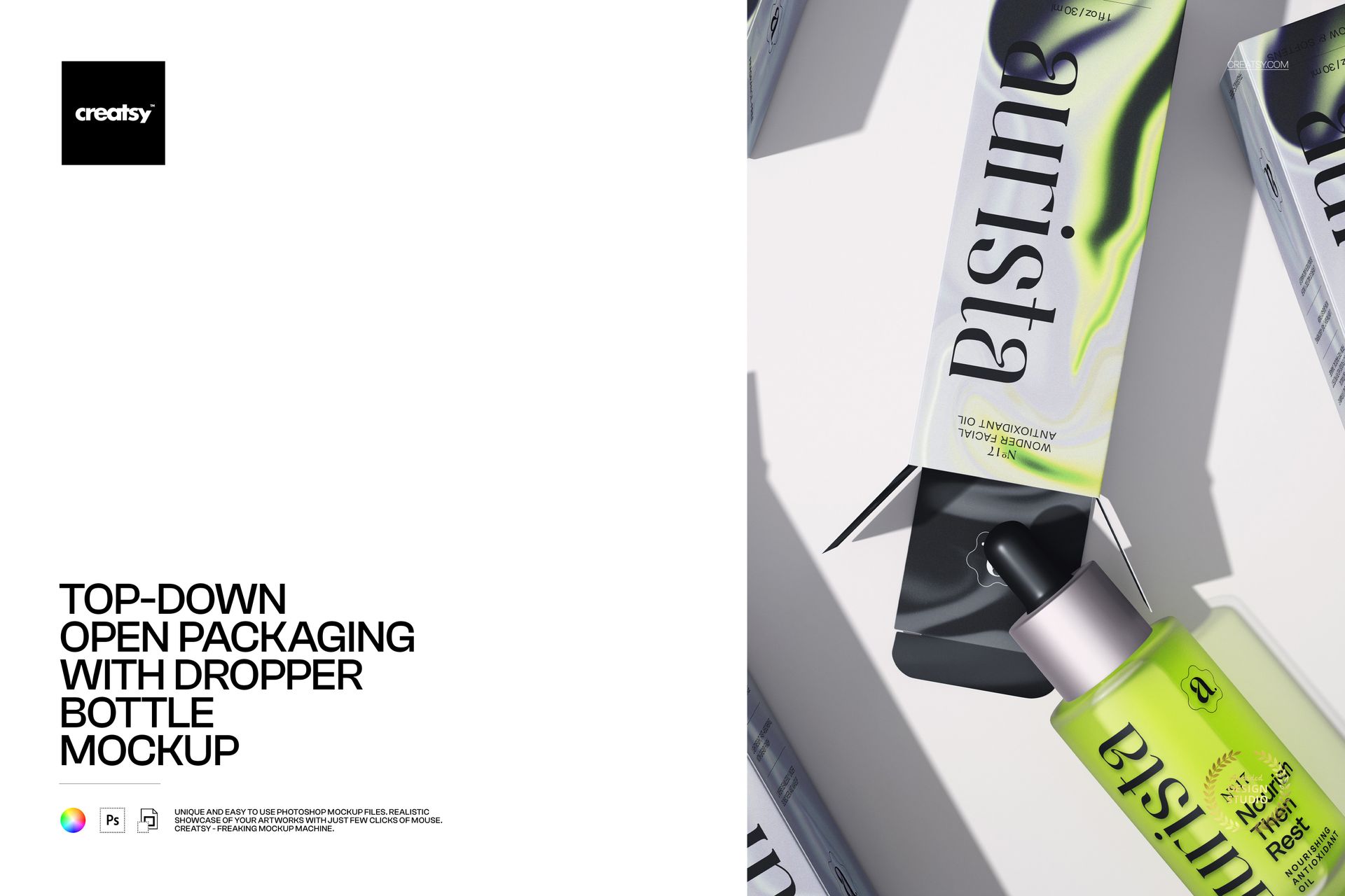 Top-Down Open Packaging with Dropper Bottle Mockup* | Creatsy®