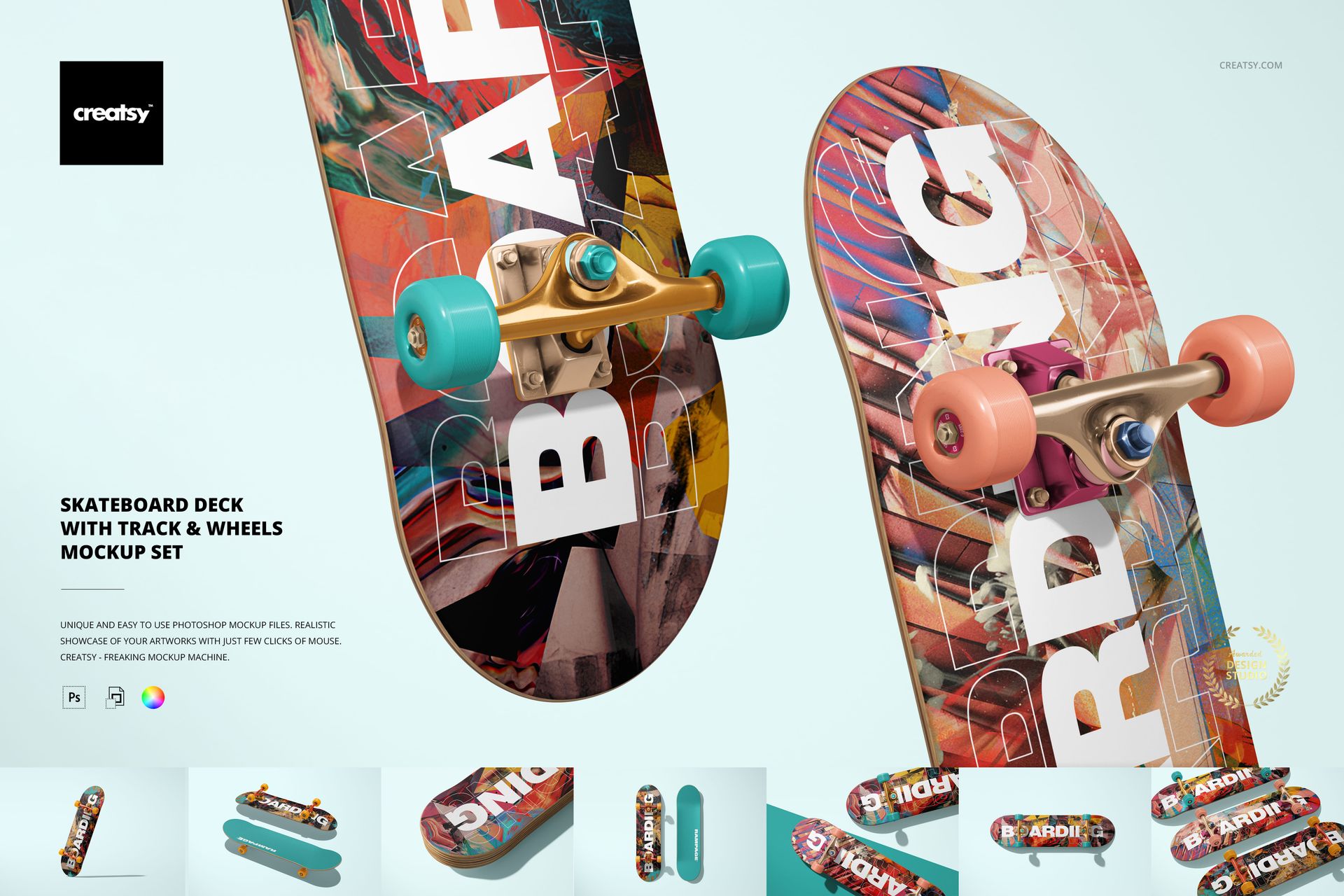Skateboard Deck with Track and Wheels Mockup Set | Creatsy®