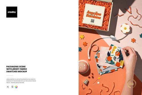 Packaging Scene with Jersey Fabric Swatches Mockup | Creatsy®