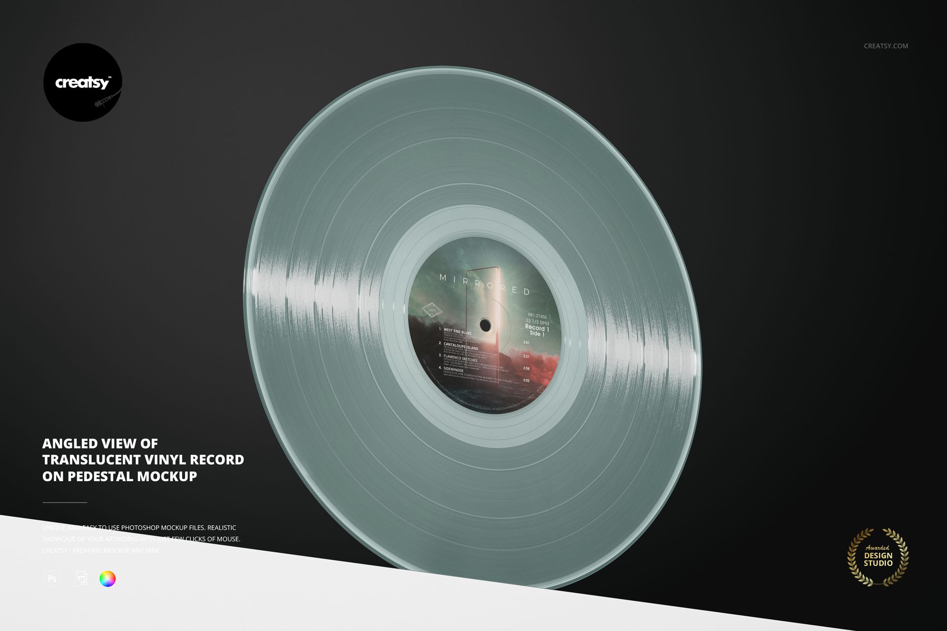 Angled View of Translucent Vinyl Record on Pedestal Mockup | Creatsy®