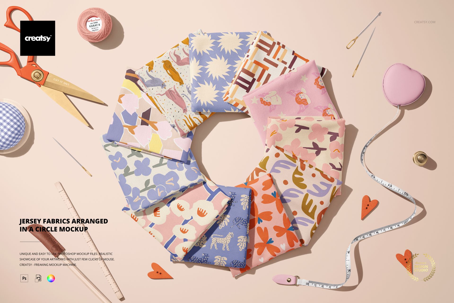 Jersey Fabrics Arranged in a Circle Mockup | Creatsy®