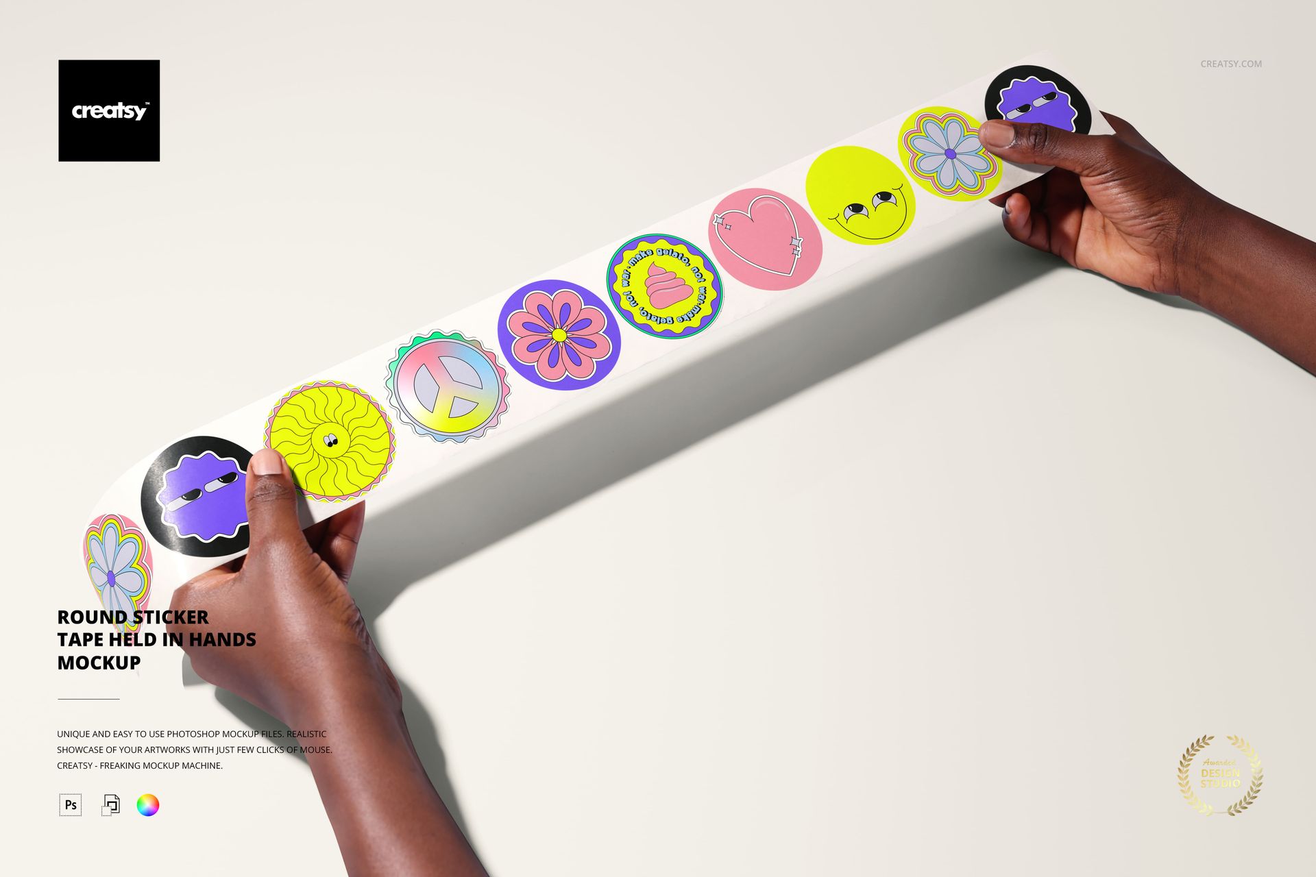 Free Round Sticker Tape Held in Hands PSD Mockup | Creatsy®