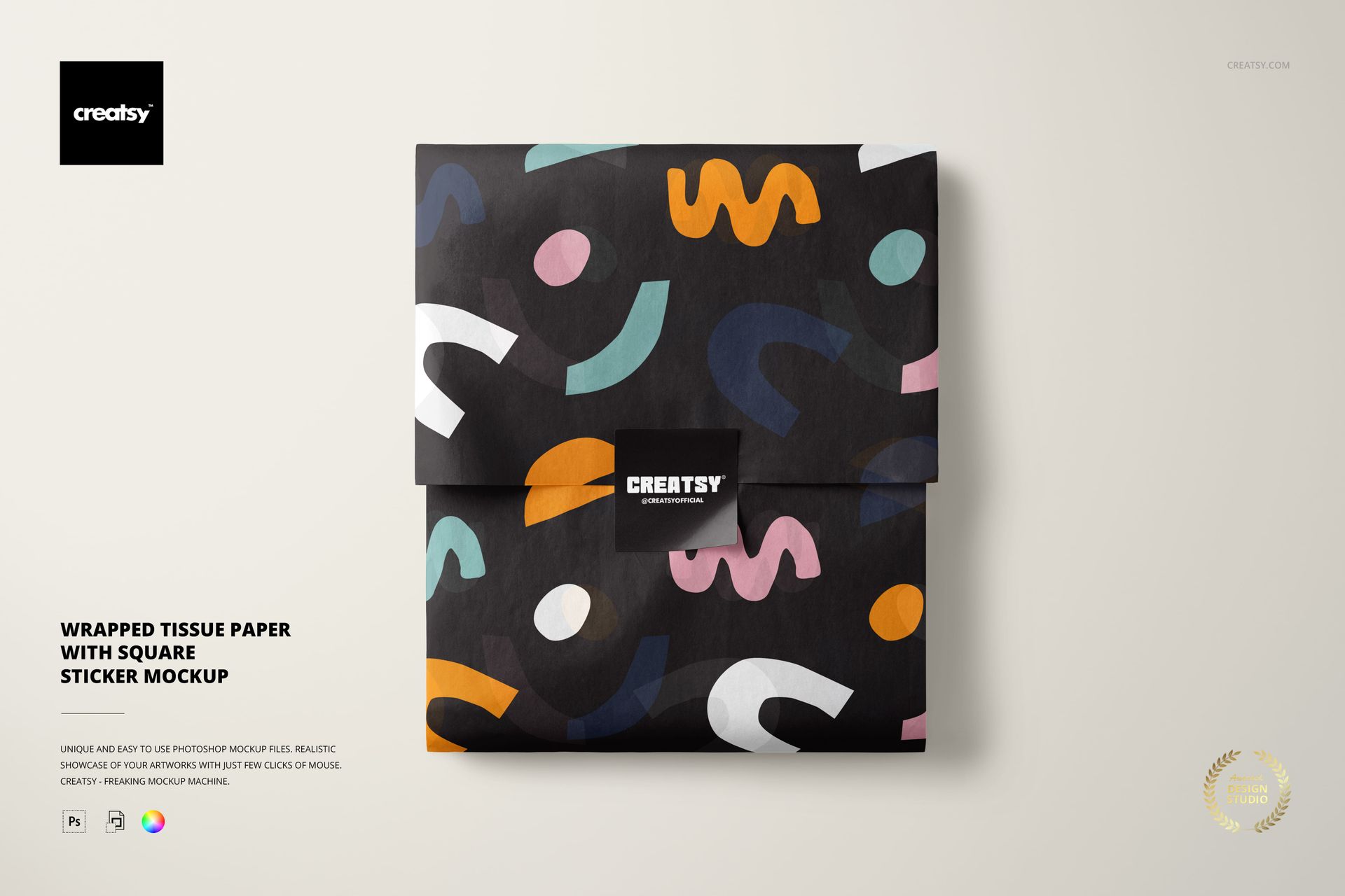 Wrapped Tissue Paper with Square Sticker Mockup | Creatsy®