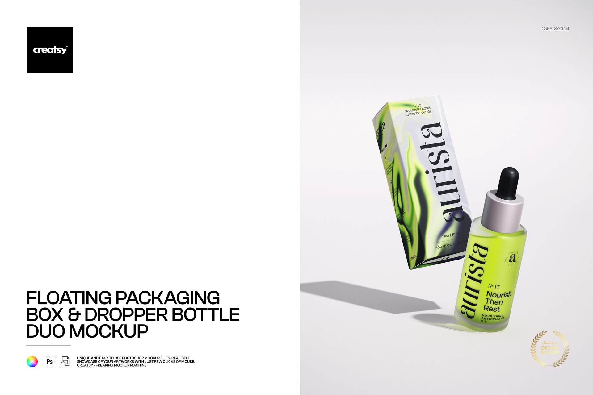 Floating Packaging Box & Dropper Bottle Duo Mockup | Creatsy®