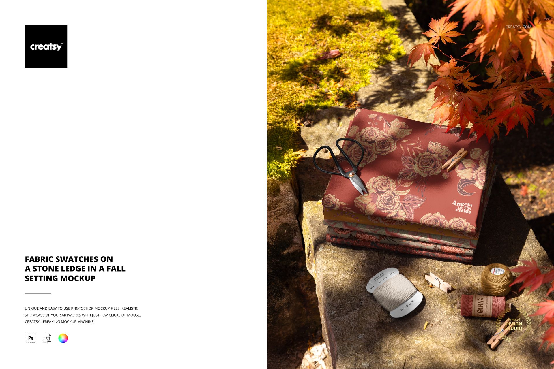 Fabric Swatches on a Stone Ledge in a Fall Setting Mockup | Creatsy®