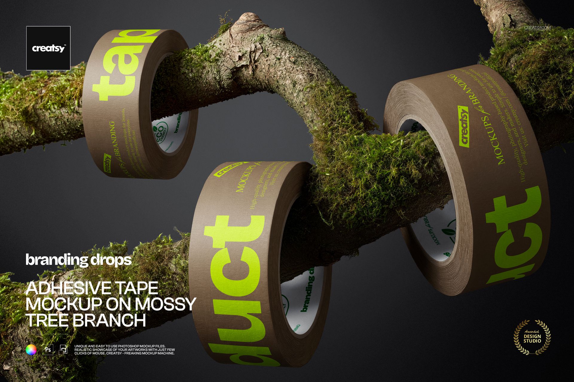 Adhesive Tape Mockup on Mossy Tree Branch | Creatsy®