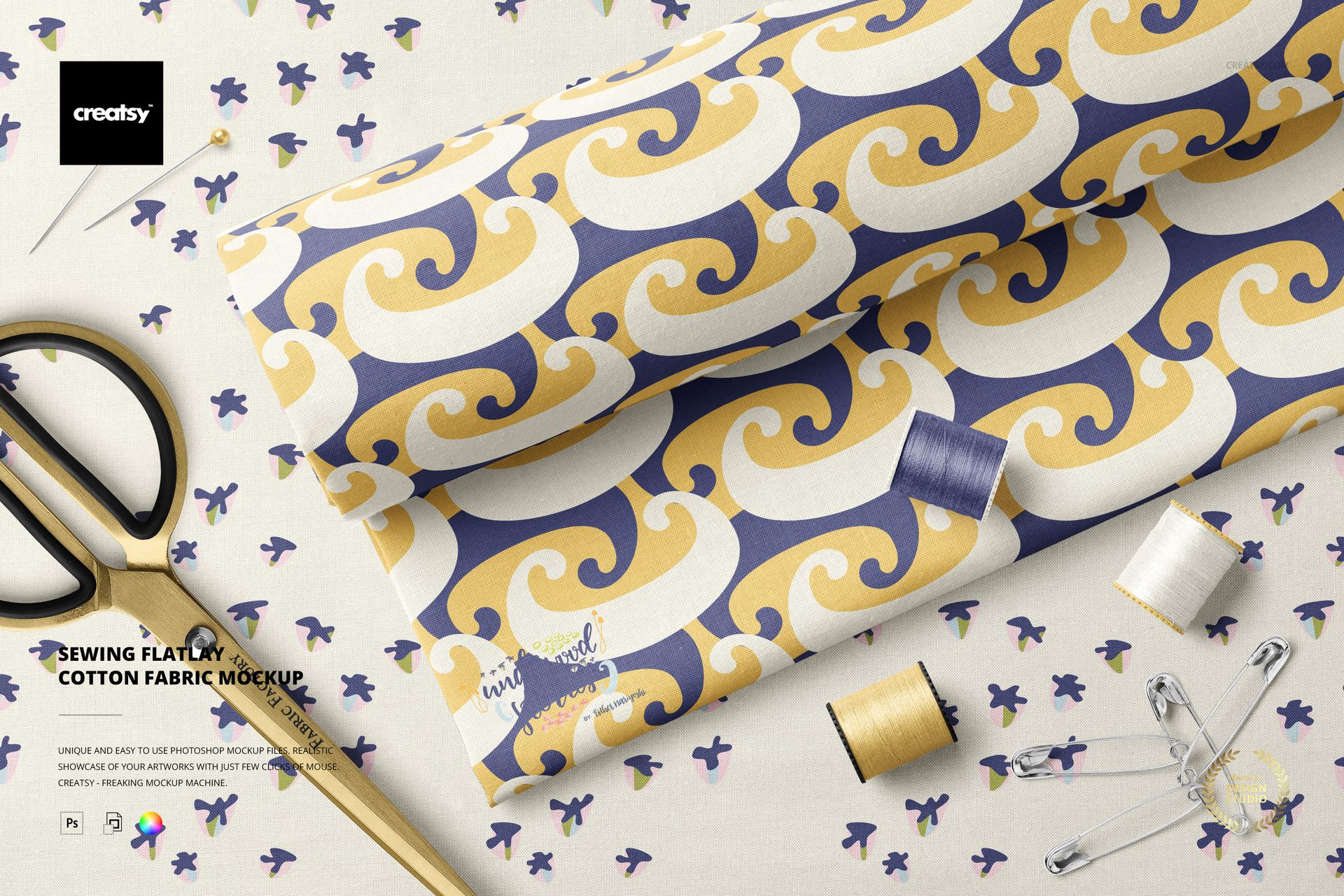 Sewing Flat Lay Cotton Fabric Mockup | Creatsy®