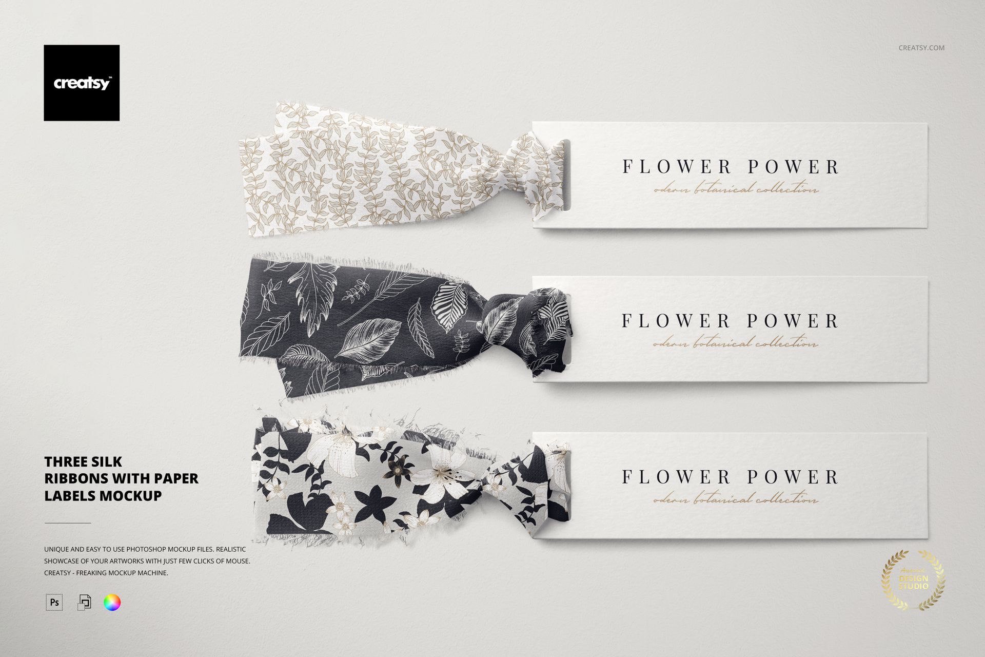 Three Silk Ribbons with Paper Labels Mockup | Creatsy®