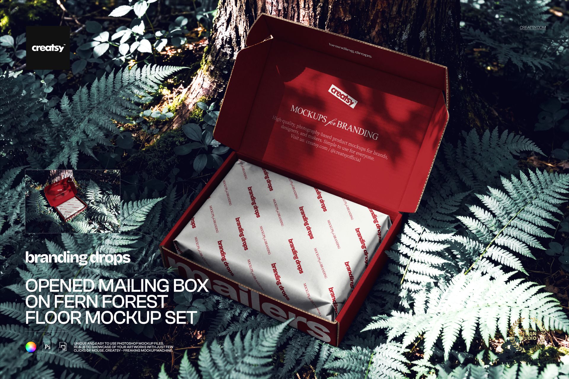 Opened Mailing Box on Fern Forest Floor Mockup Set | Creatsy®