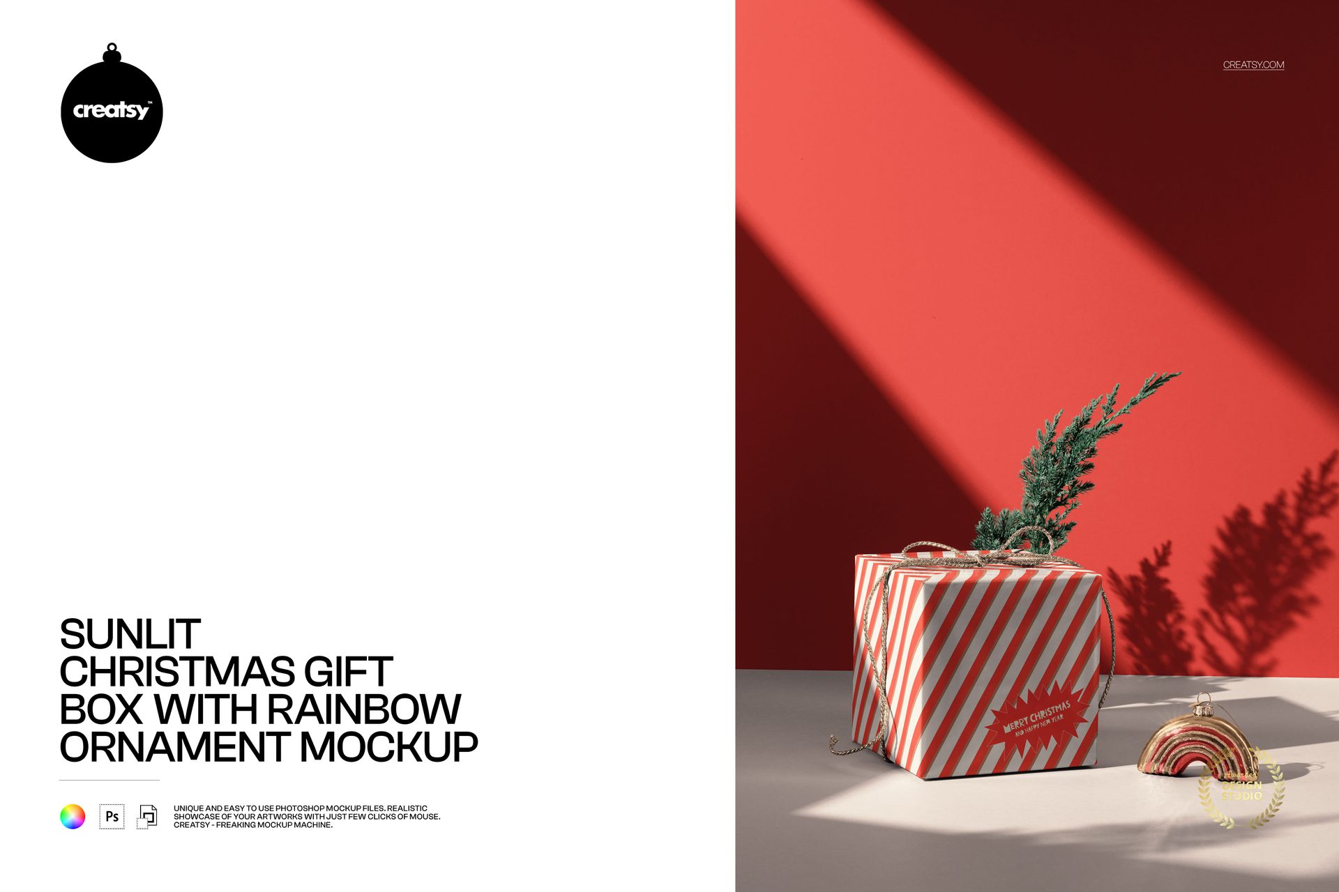 Sunlit Christmas Gift Box with Rainbow Ornament Mockup | Creatsy®